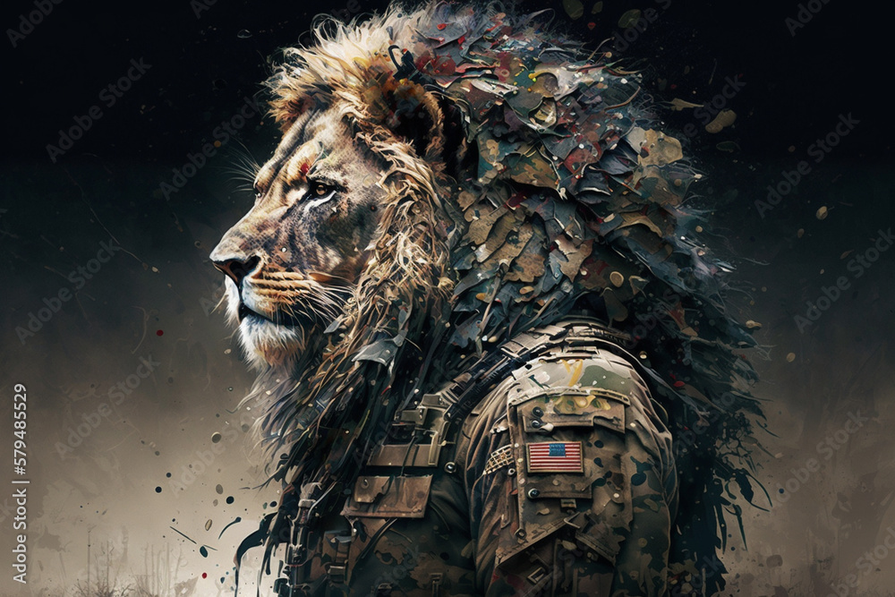 Lion dressed in military uniform as a general or soldier. Powerful ...