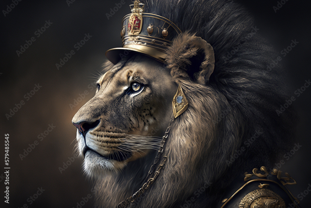 Lion dressed in military uniform as a general or soldier. Powerful ...