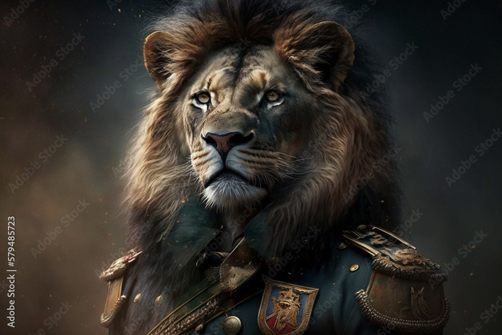 Lion dressed in military uniform as a general or soldier. Powerful ...