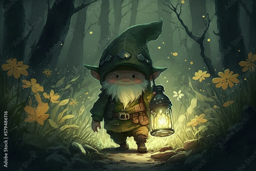 Poster Character cute forest dwarf gnome or elf character walking at night through the forest ...