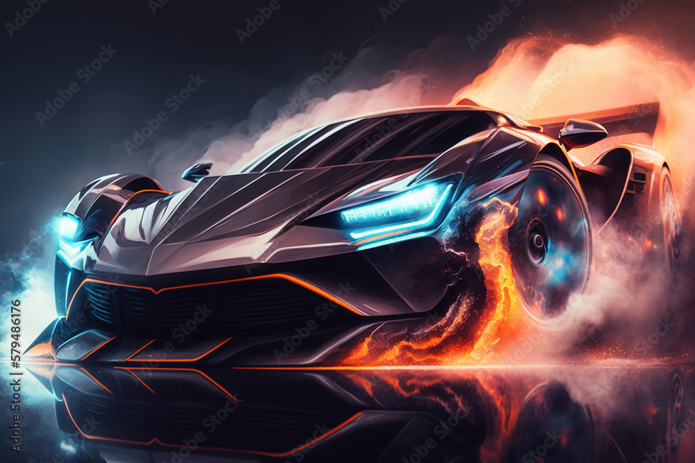 Super fast car automobile concept design with fire. Luxury speed race ...