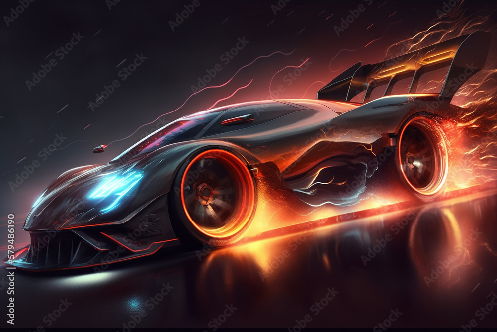 Super fast car automobile concept design with fire. Luxury speed race ...