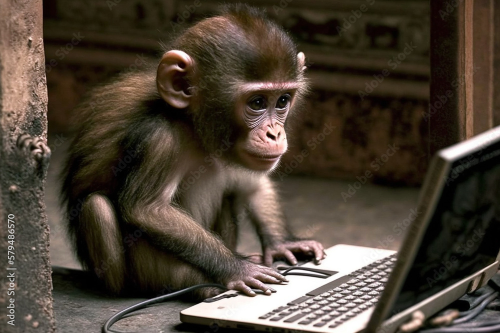Monkey at a computer or laptop working in an office funny concept. Ai ...