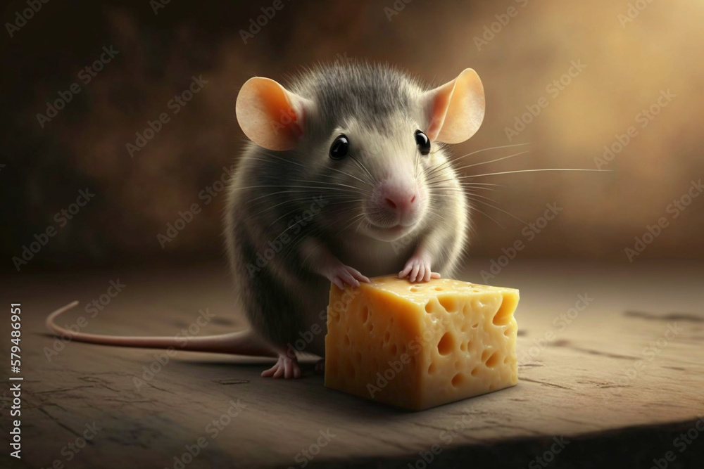 Cute rat or mouse enjoying his big piece of cheese. Funny illustration ...