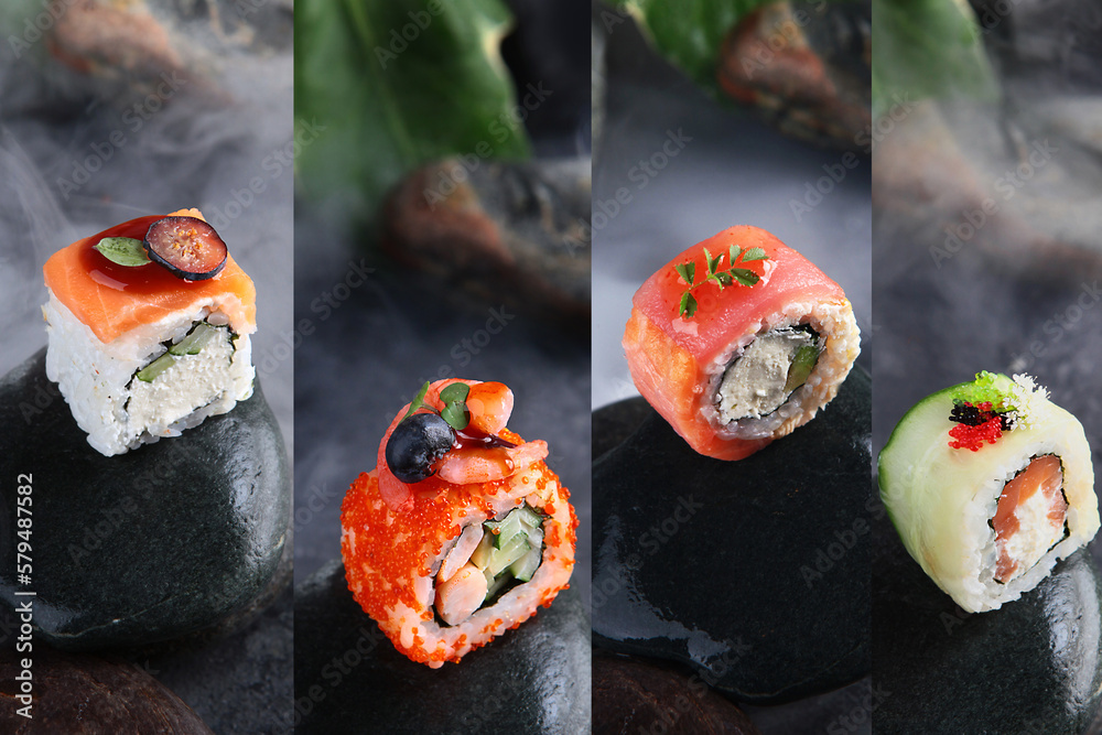 Foto de Culinary photo collage of rolls. Four types of rolls.Japanese ...