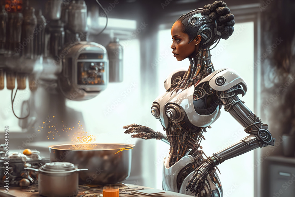 Black woman robot cooks in kitchen, humanoid AI android stands at stove ... Black woman robot cooks in kitchen, humanoid AI android stands at stove ...