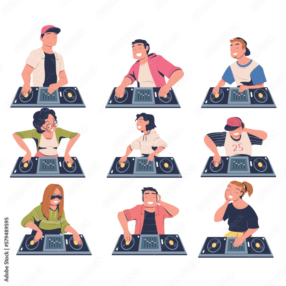 Club DJ male and female characters playing music at console mixers ...