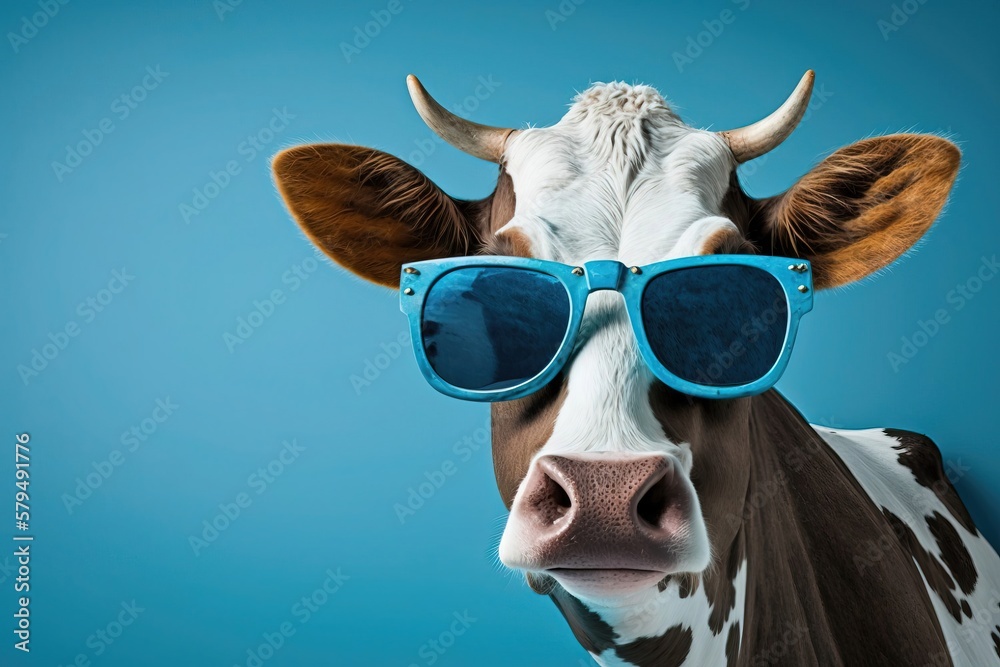Funny cow with sunglasses in front of blue background. Generative AI ...