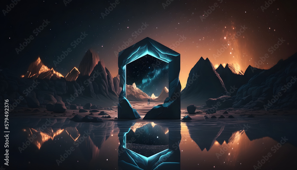 Ilustrace „3d render, abstract, ethereal background with neon-lit ...