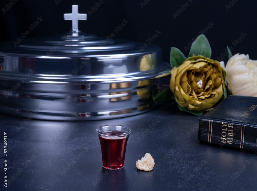 Communion glass cups with wine the symbol of Jesus Christ blood on ...