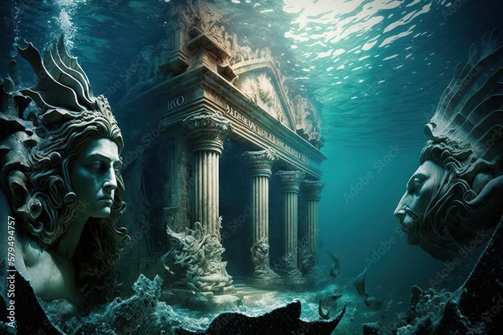 Ancient Atlantis city building with epic sculptures underwater somewhere on ocean bottom ...