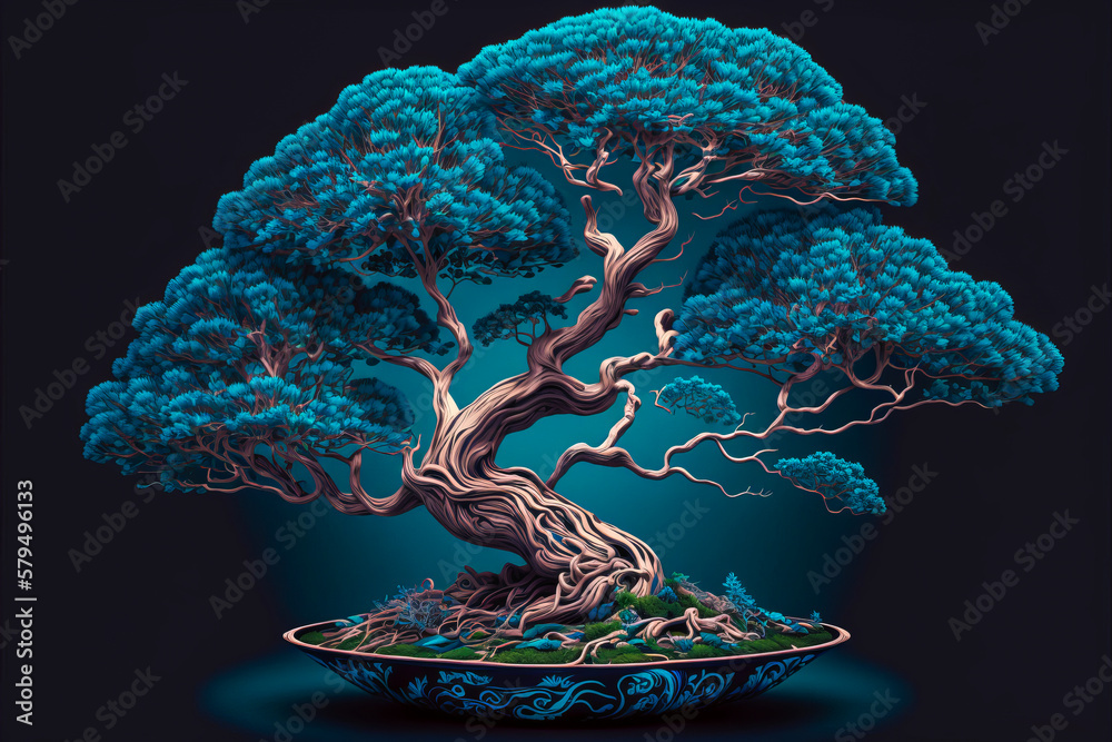 Stylized image of a detailed bonsai tree with a blue background. This ...