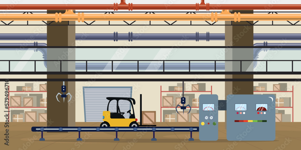 Vector illustration of factory warehouse interior with automatic ...