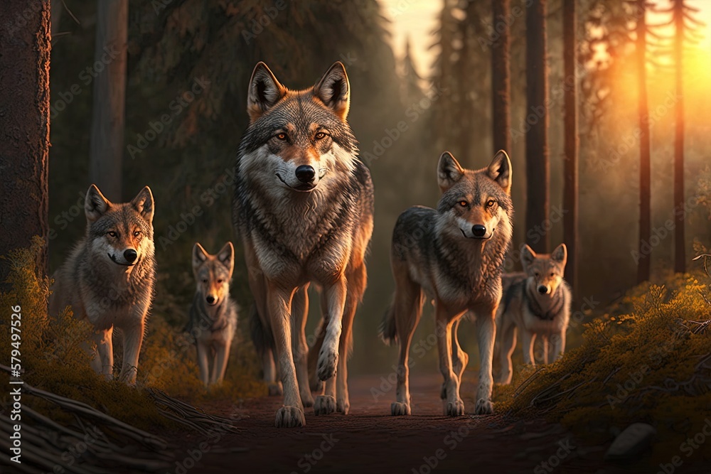 Wolf family walk through the forest. Generative AI. Stock Illustration ...