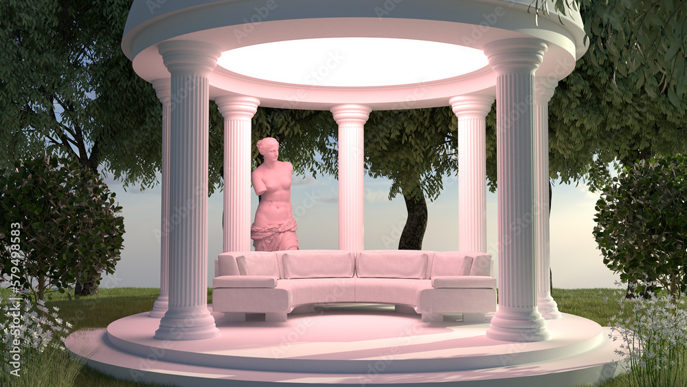 Garden with a gazebo and curved sofa in minimalistic and classic Greek ...