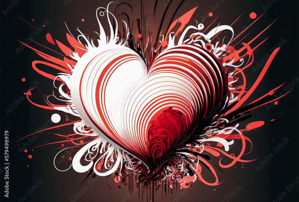 Abstract illustration of a red heart emitting swirling shapes and lines ...