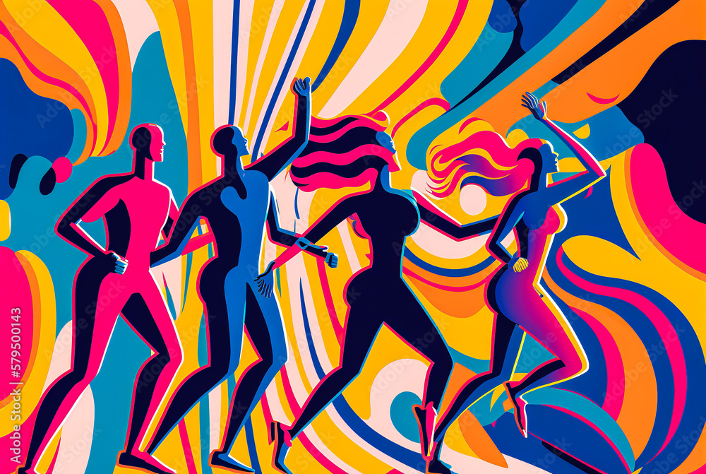Vibrant illustration of people dancing on a colorful and hypnotic ...