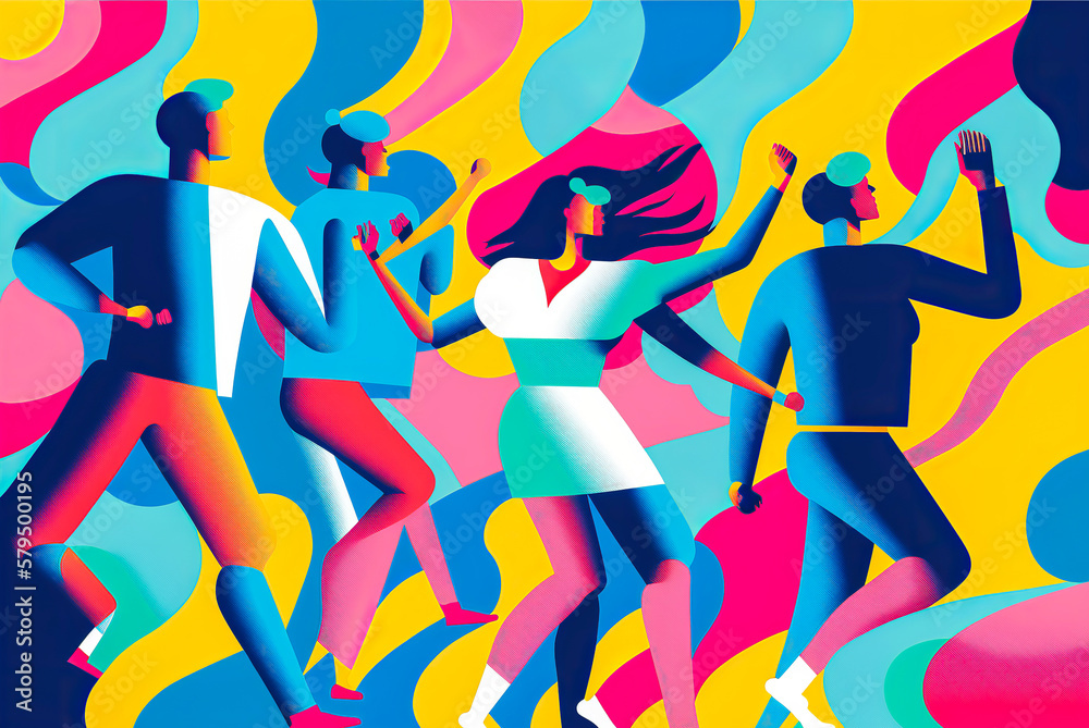 Vibrant illustration of multiple people dancing on a colorful and ...