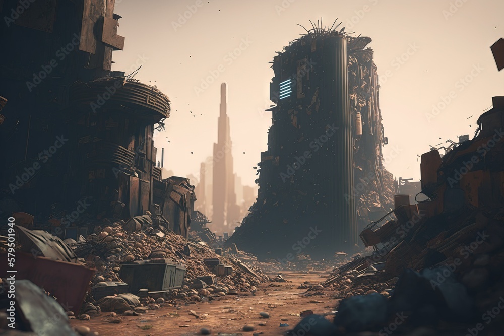 Apocalyptic futuristic landscape of megalopolis with skyscrapers rising ...
