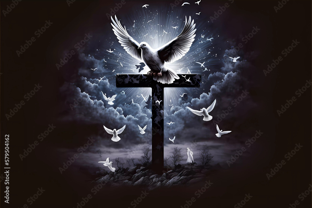 Generative AI, symbol of death, with a cross and white dove symbol ...