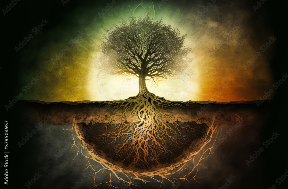 A tree rises to the sky, surrounded by an abstract light and earthy ...