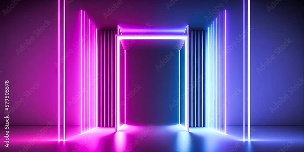 AI generated abstract space red blue pink neon background with cuboid ...