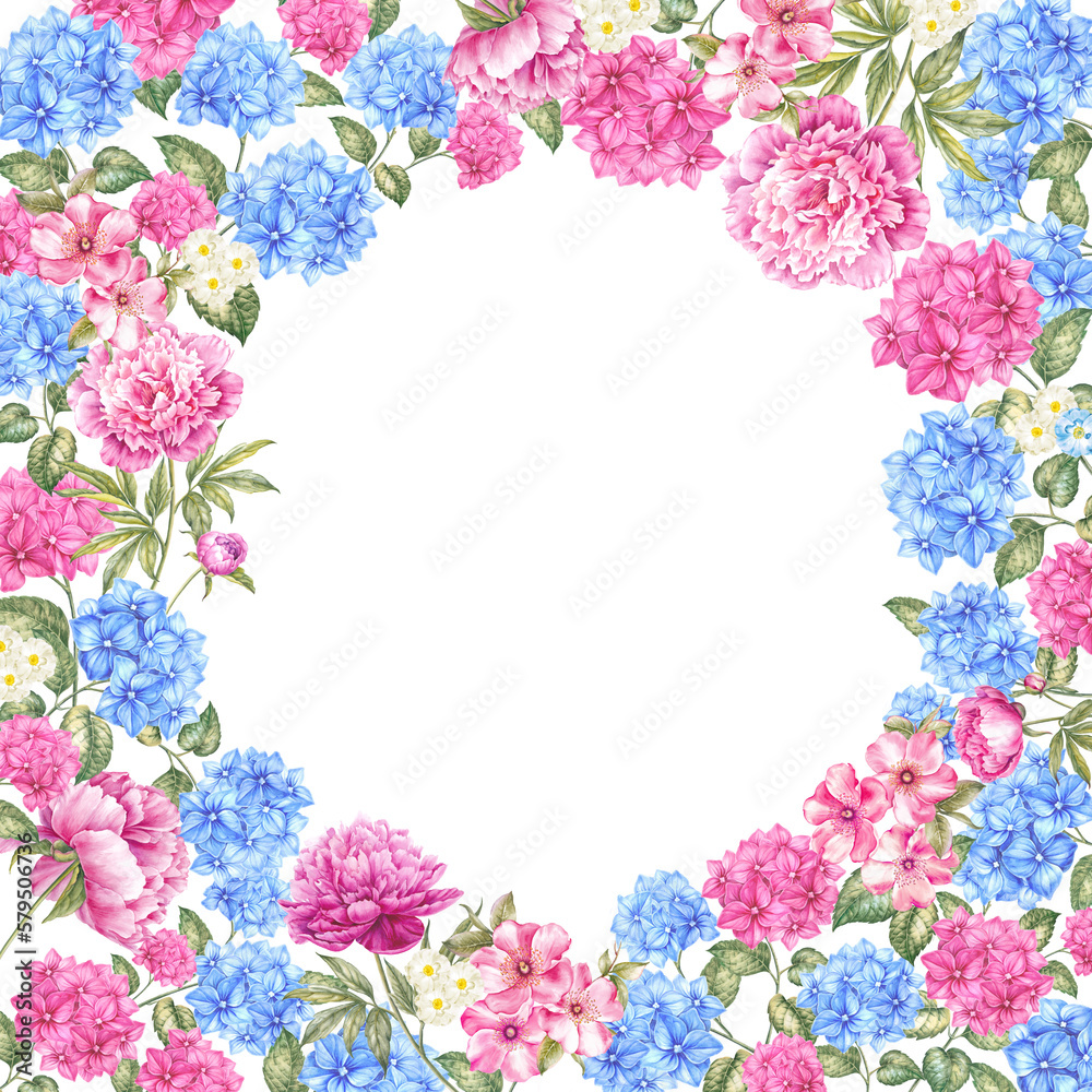 Frame of color hydrangea flowers. Invitation card border template for ...