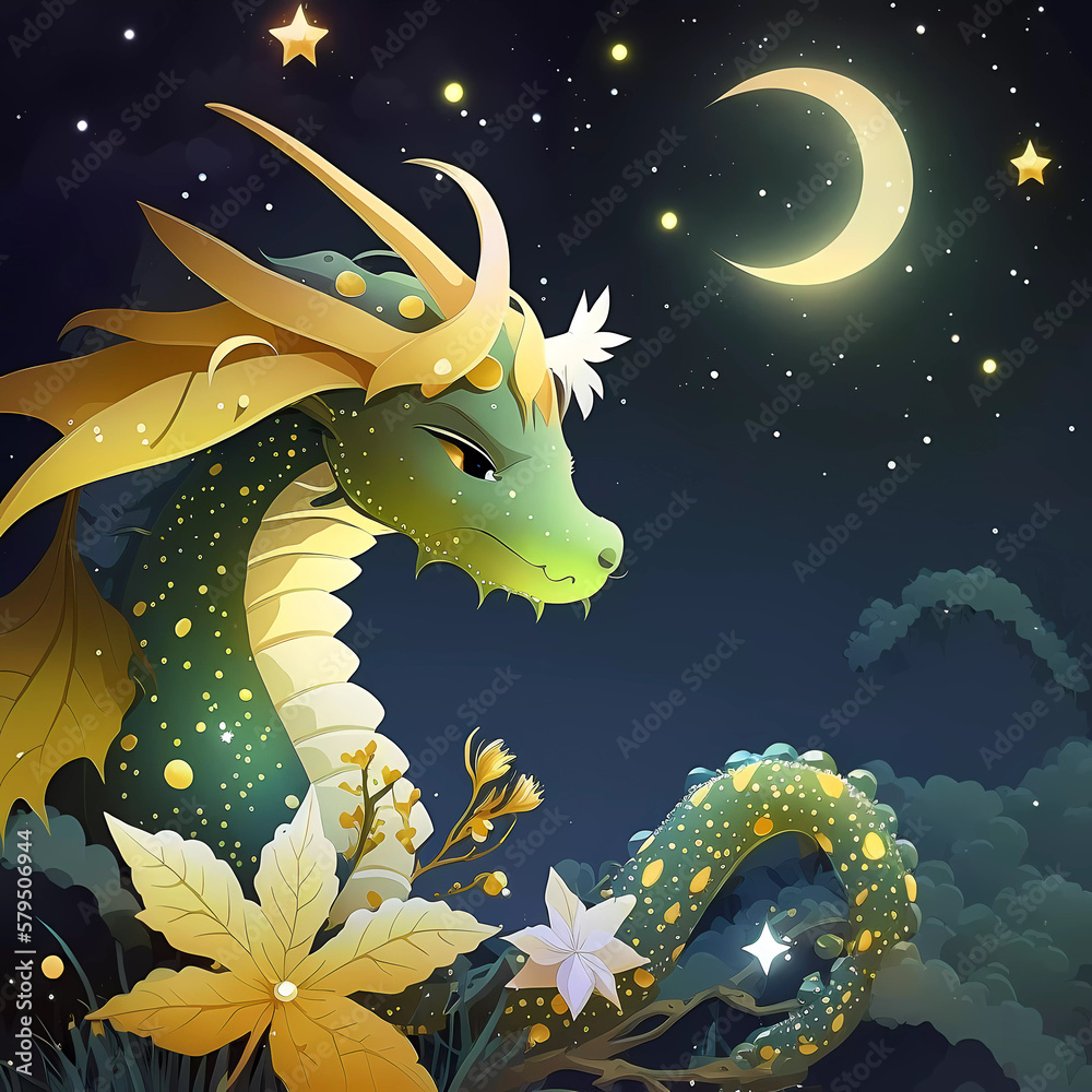 dragon with a flower in the night sky, month. Year of the dragon ...