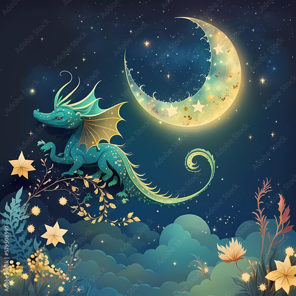Flying dragon in the night sky, month. Year of the dragon. Crooked ...