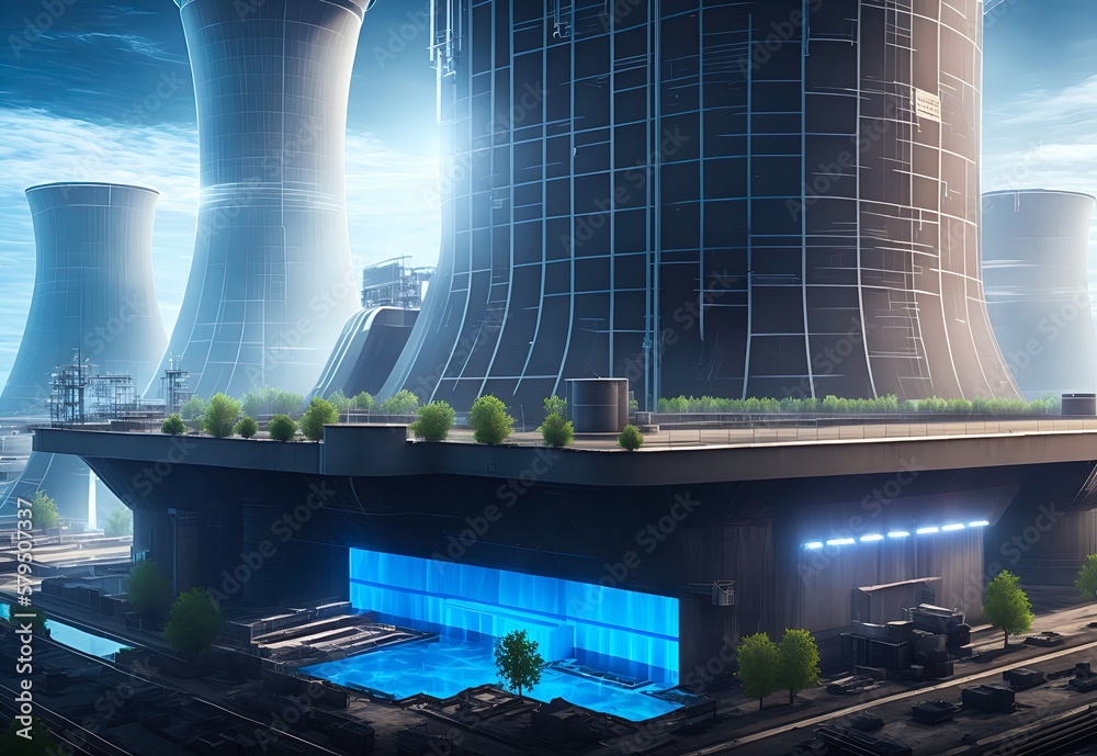 A huge modern nuclear Fusion power plant building during construction ...
