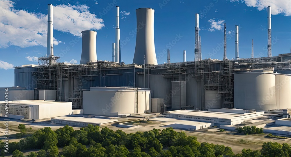 A huge modern nuclear power plant building during construction ...