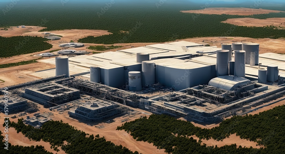 A huge modern nuclear power plant building during construction ...