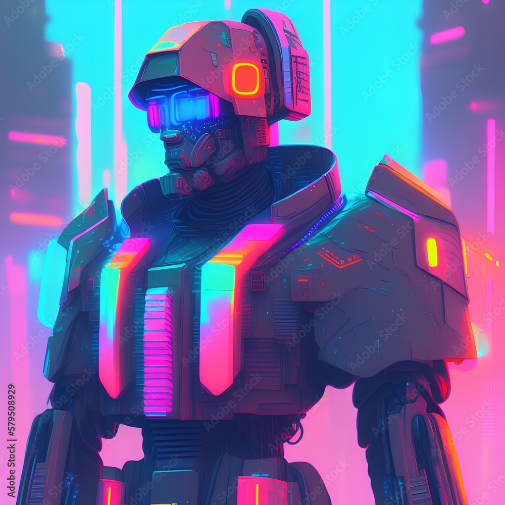 Cyberpunk soldier, neon highlights and neon contour. Cyberpunk soldier ...