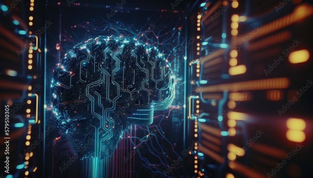 Digital brain connected to data center. Artificial intelligence concept ...