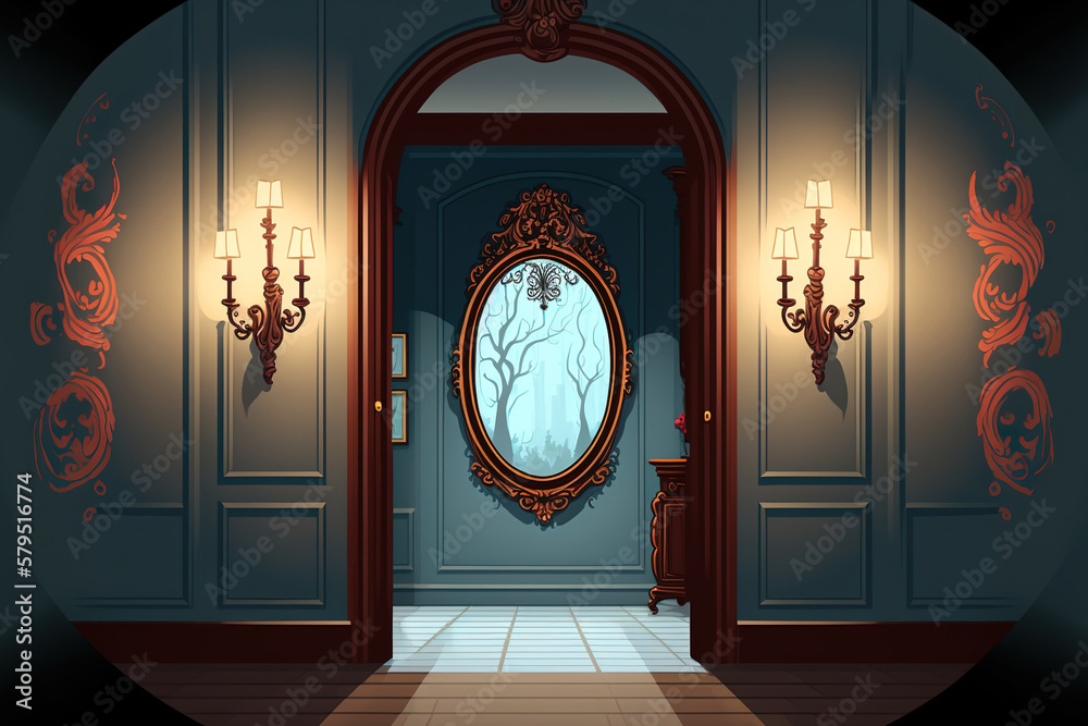 Interior of a home hallway at night with a magic mirror on the wall. A ...