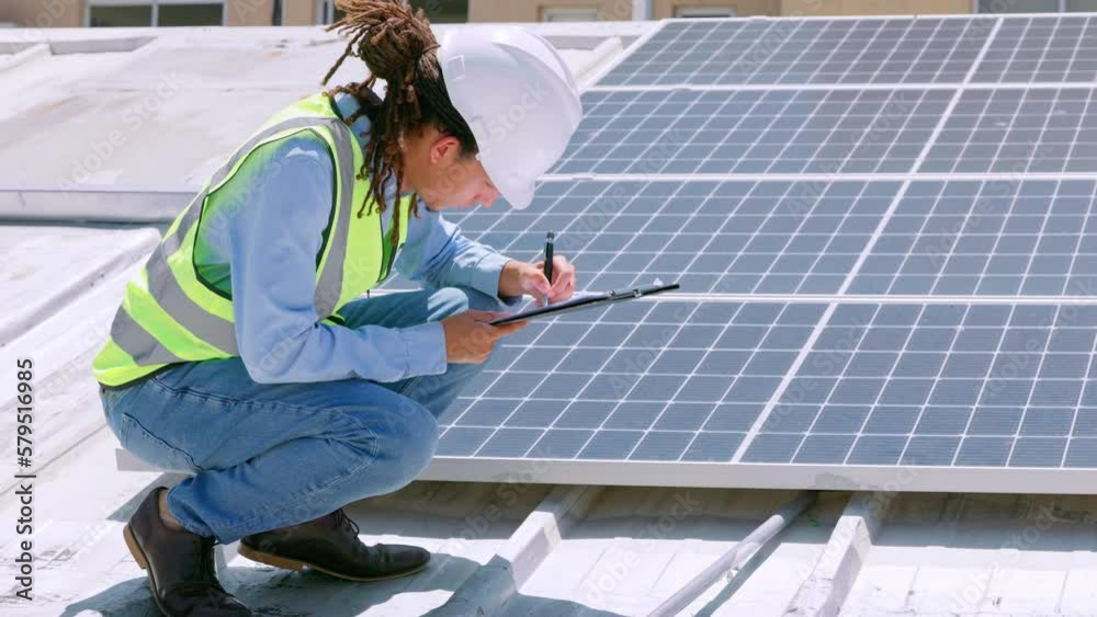 Solar panel check, engineer inspection and construction worker working ...