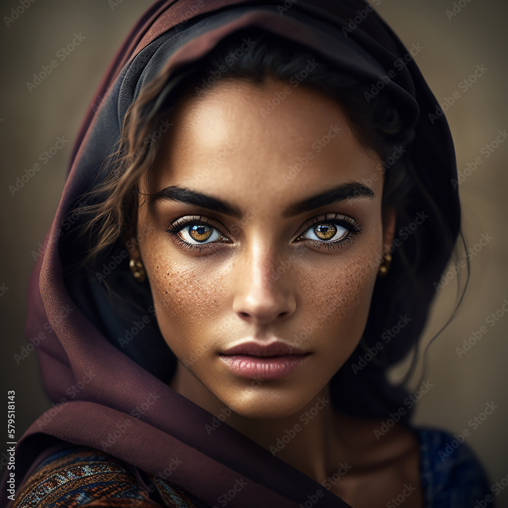 Woman in traditional Muslim clothing, smiling. Beautiful woman headshot ...