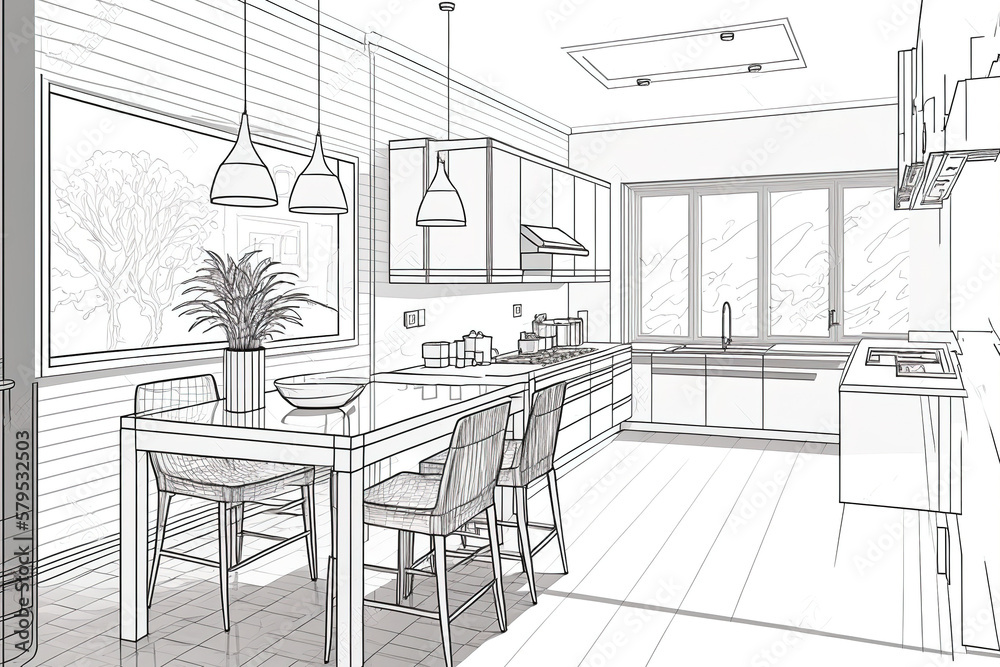 Interior in linear sketch form. Drawing of a dining room. perspective ...