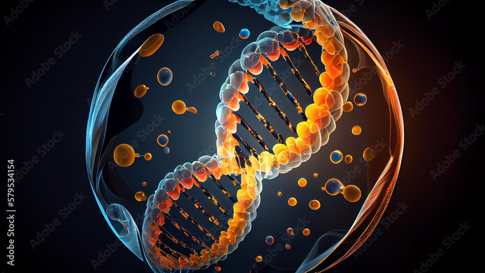 DNA molecule, in a transparent sphere, on a dark background. Generative ...