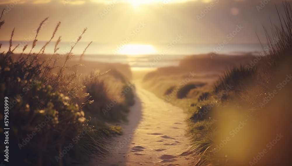 Beautiful bright beach path in golden hour light, with sun reflecting ...