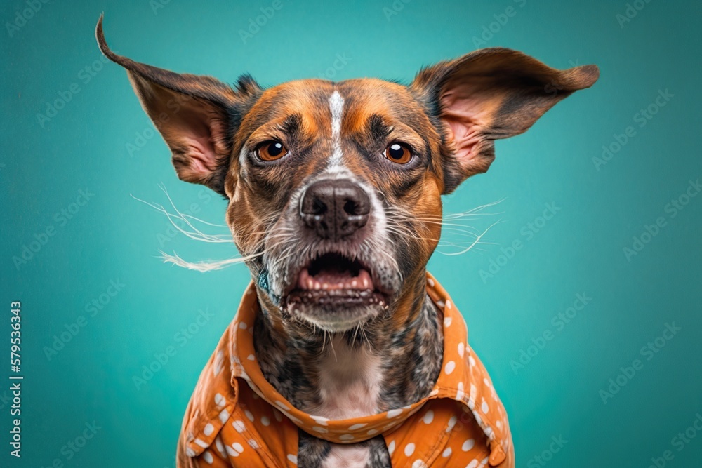 Studio portrait of a very angry furious dog who is dressed in human clothes, concept of Animal ...