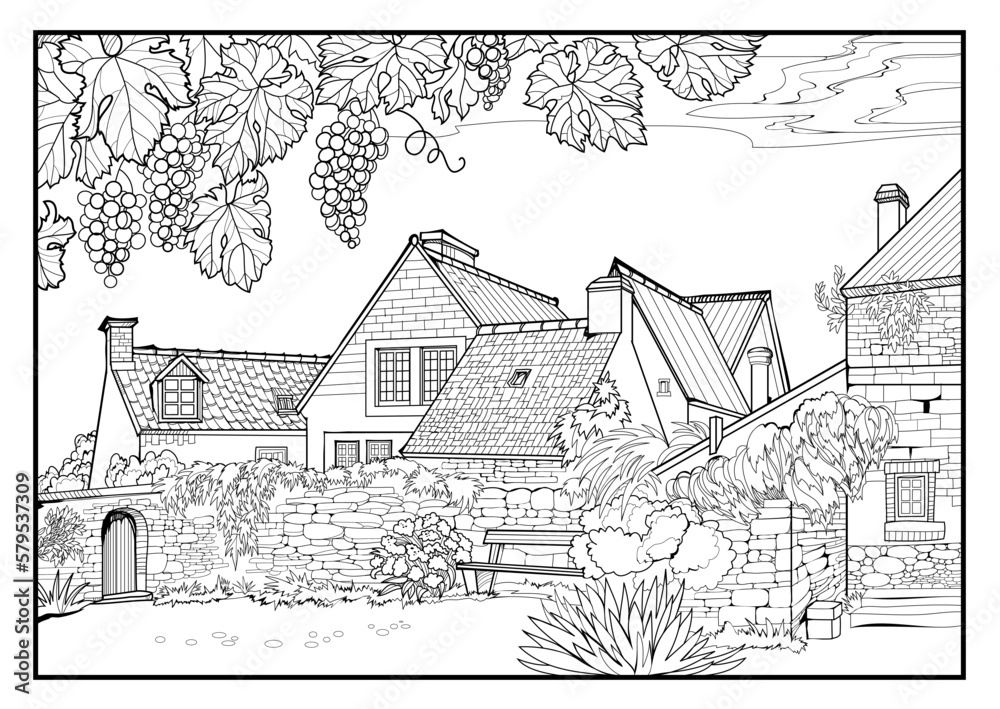 Coloring book for children and adults. Old French manor with vineyard ...