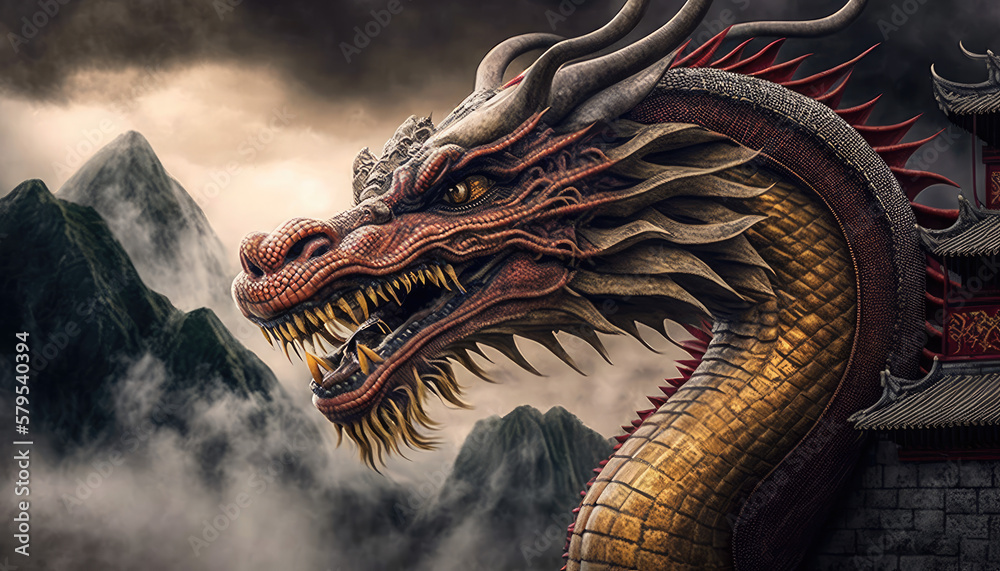 chinese dragon statue at the temple, a chinese red dragon beside a ...