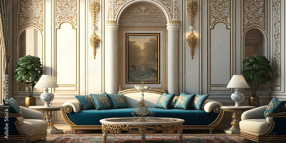 classic men majlis with white sofas, golden and blue marbel wall, big ...