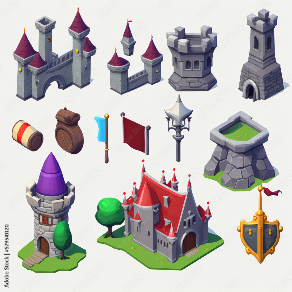medieval magic castle set of videogame sprite assets isolated on a ...