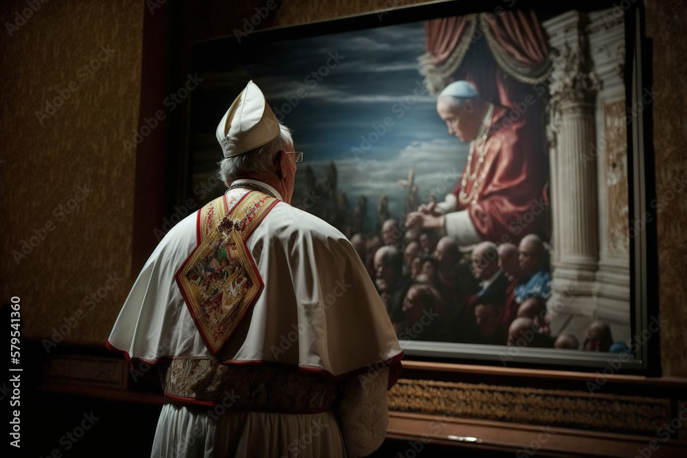 The pope, a religious man, with his back turned, looks at a painting ...