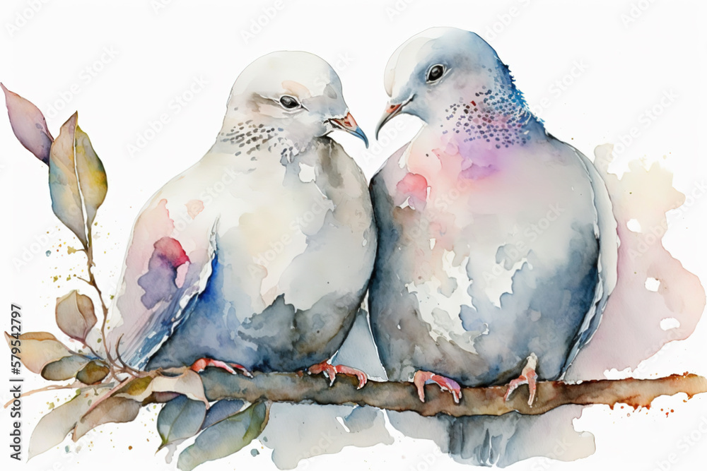 Generative AI. Portrait of two doves in love, watercolor painting. Bird ...