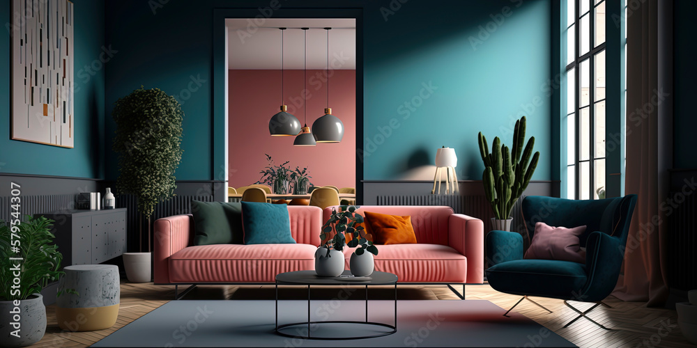 Vivid colors create a minimalist and modern living room interior in ...