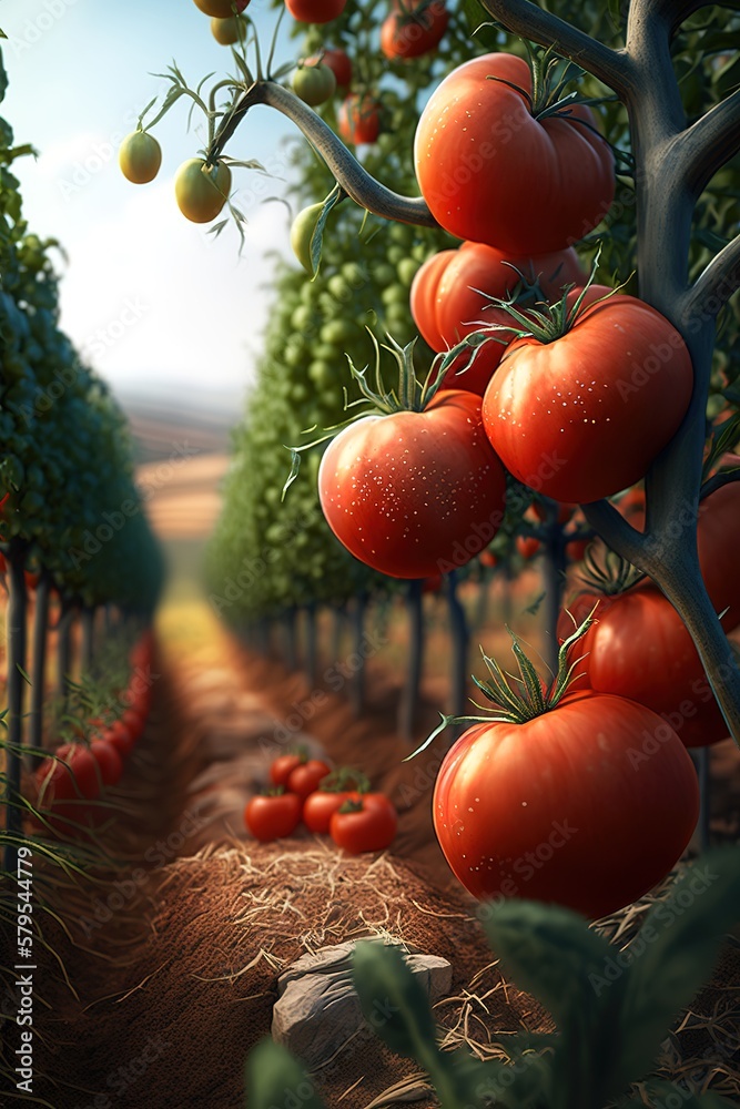 Close up of tomato farm in a row. Vertical illustration generated by AI ...