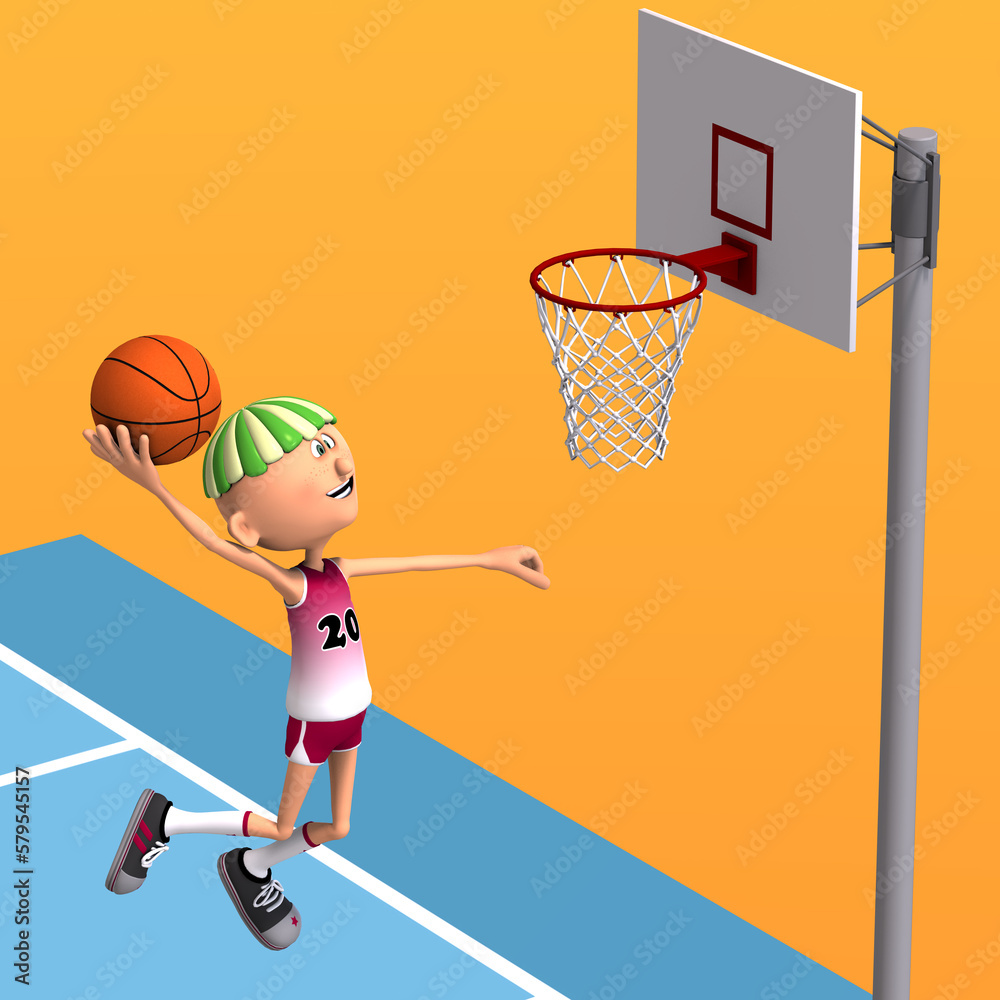3D-illustration of a cute and funny cartoon basketball player thows a ...